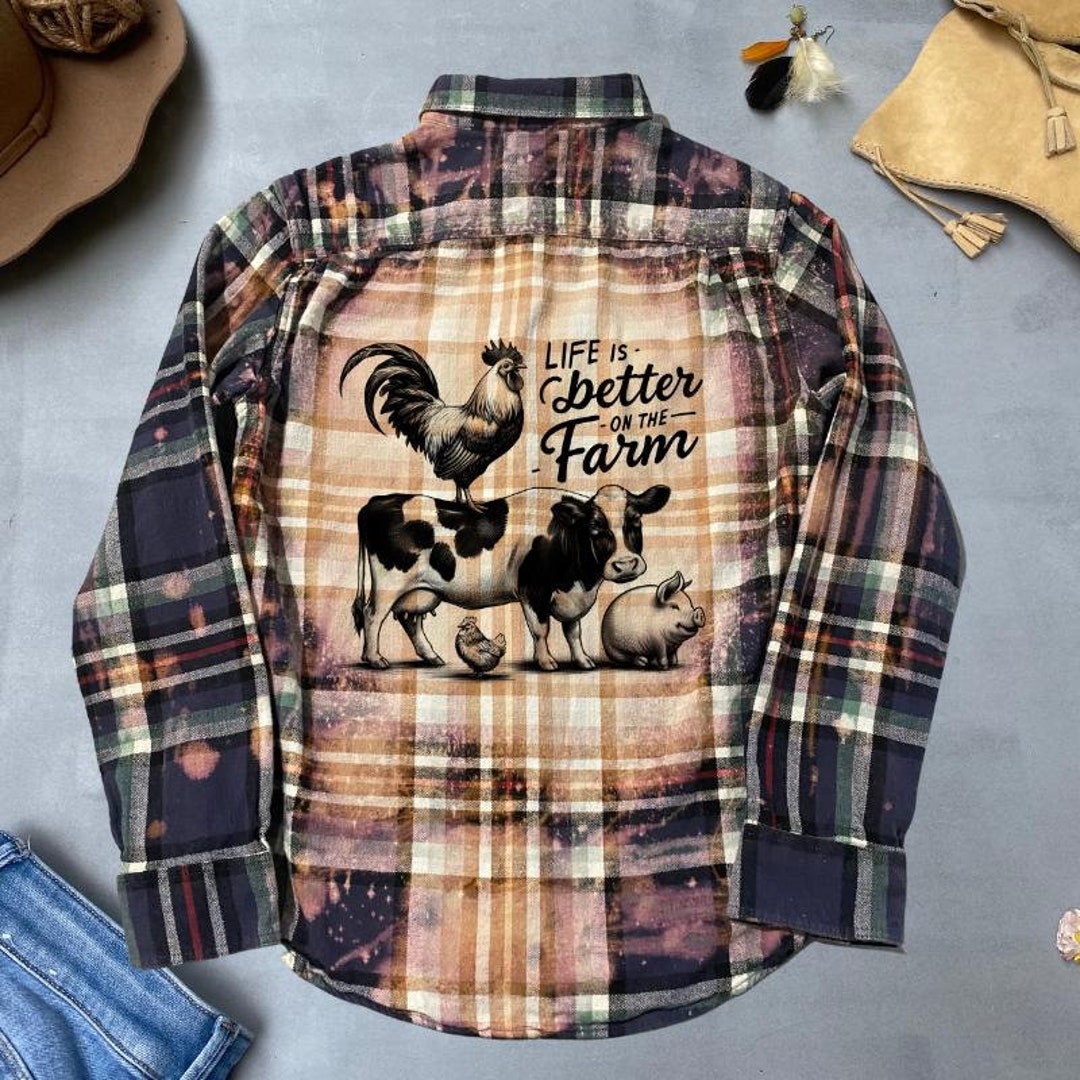Farm Animal Print Plaid Shirt, Country Life Plaid Flannel Shirt, Retro ...