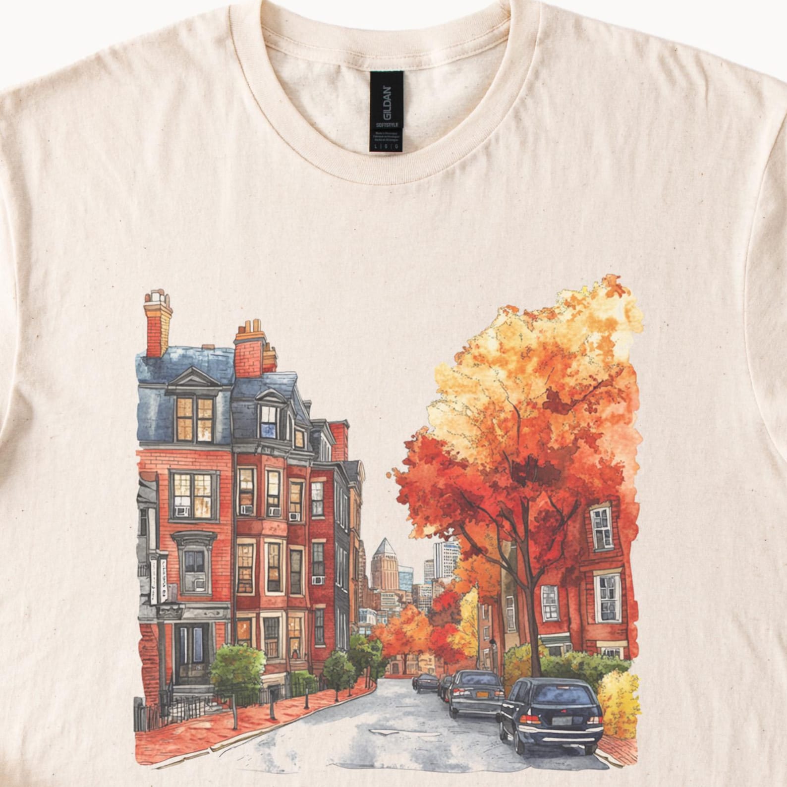 Fall City Street Scene Graphic Tee Autumn Urban Townhouses and Colorful ...