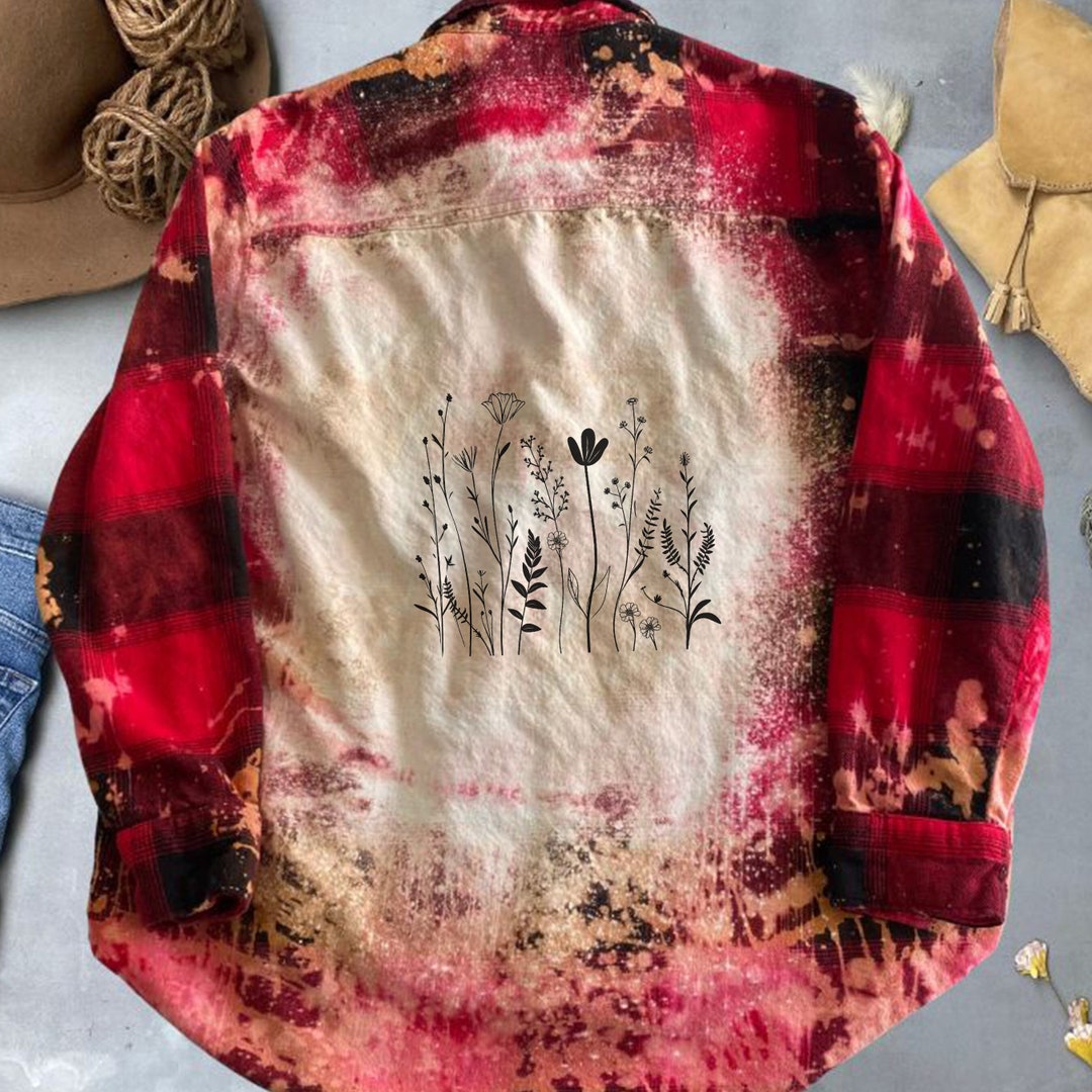 Minimalistic Flowers Bleached Flannel Shirt Boho Aesthetics Style ...