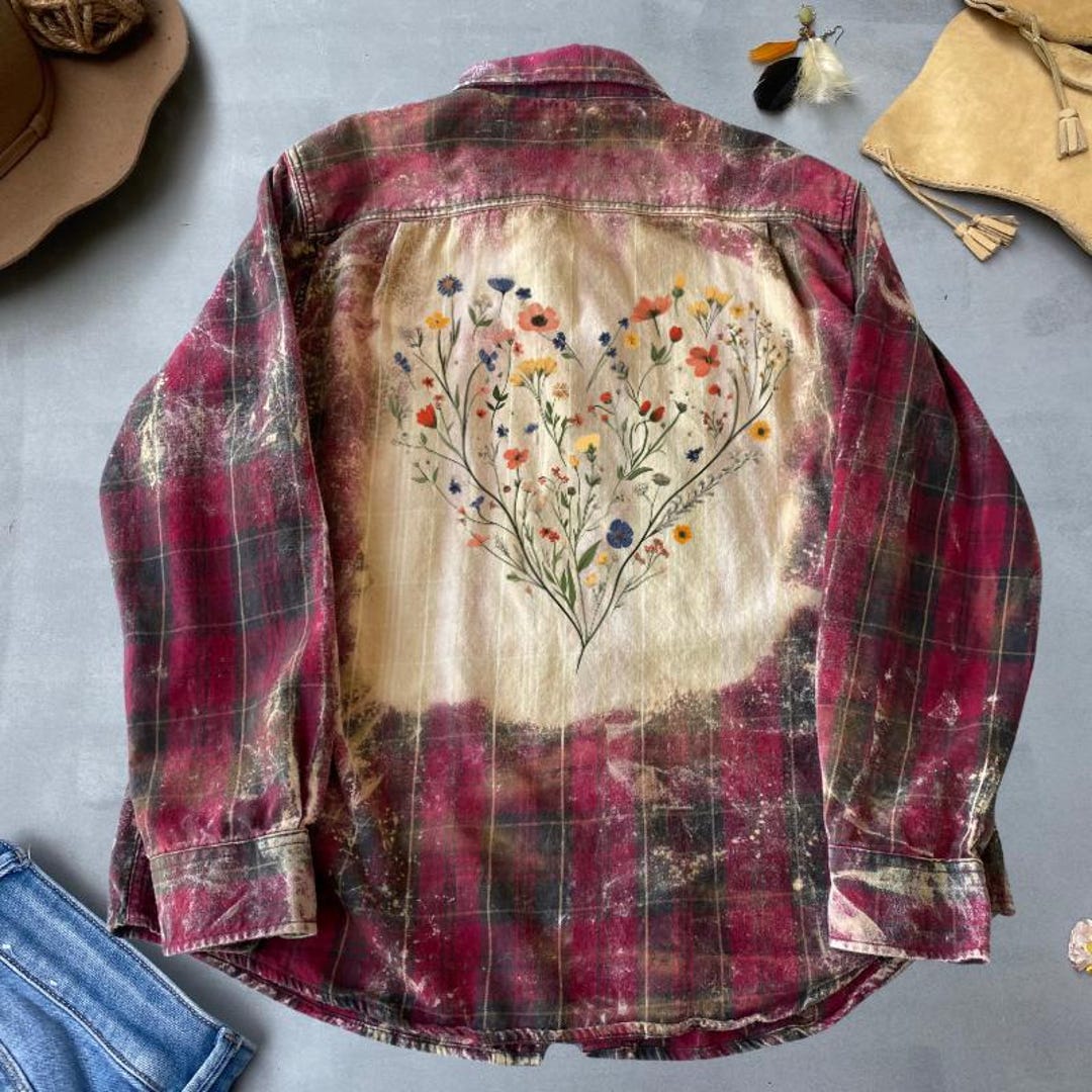 Bleached Flannel Shirt With Floral Heart Graphic on Back Unique Shirt ...