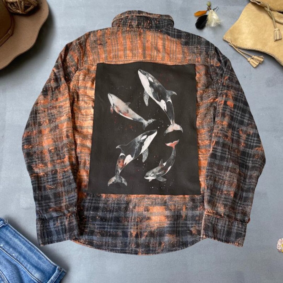 Flannel Shirt With Orca Whale Graphic Patch on Back Unique Handmade ...