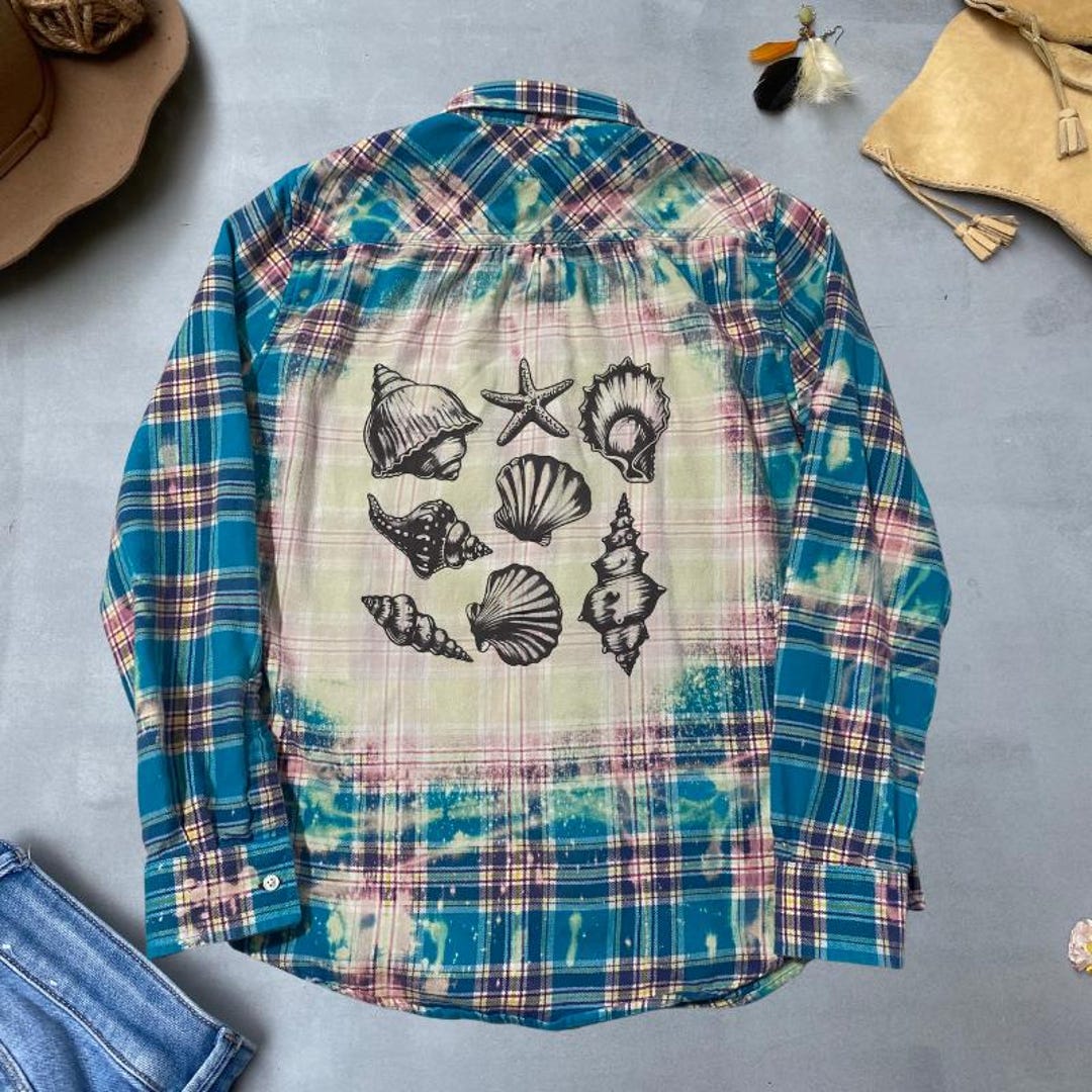 Seashell and Starfish Graphic Bleached Flannel Shirt Coastal Beach ...
