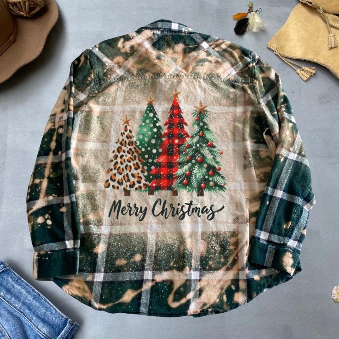 Merry Christmas Trees Shirt Bleached Flannel Shirt With Festive Plaid ...