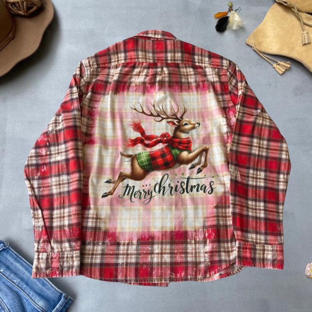Merry Christmas Shirt Plaid Reindeer Bleached Flannel Shirt With ...