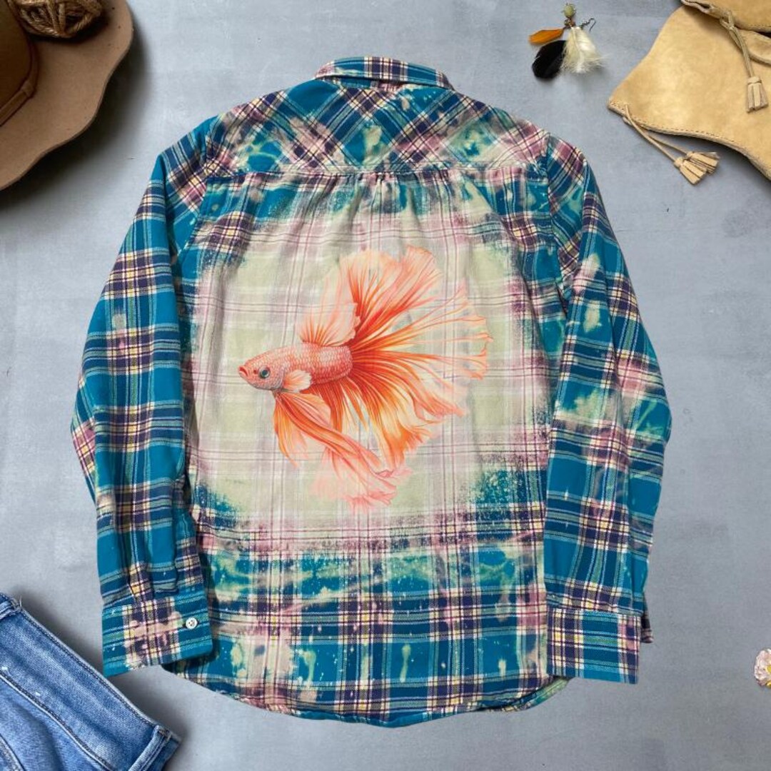 Bleached Flannel Shirt With Vibrant Betta Fish Graphic Aquatic Art ...