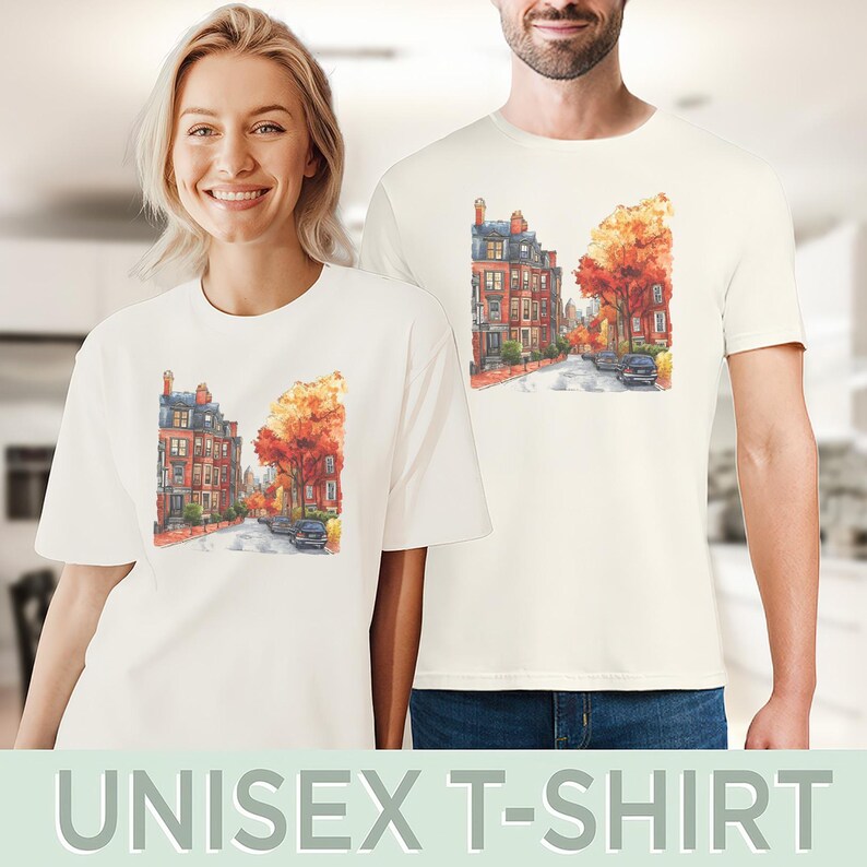 Fall City Street Scene Graphic Tee Autumn Urban Townhouses and Colorful ...