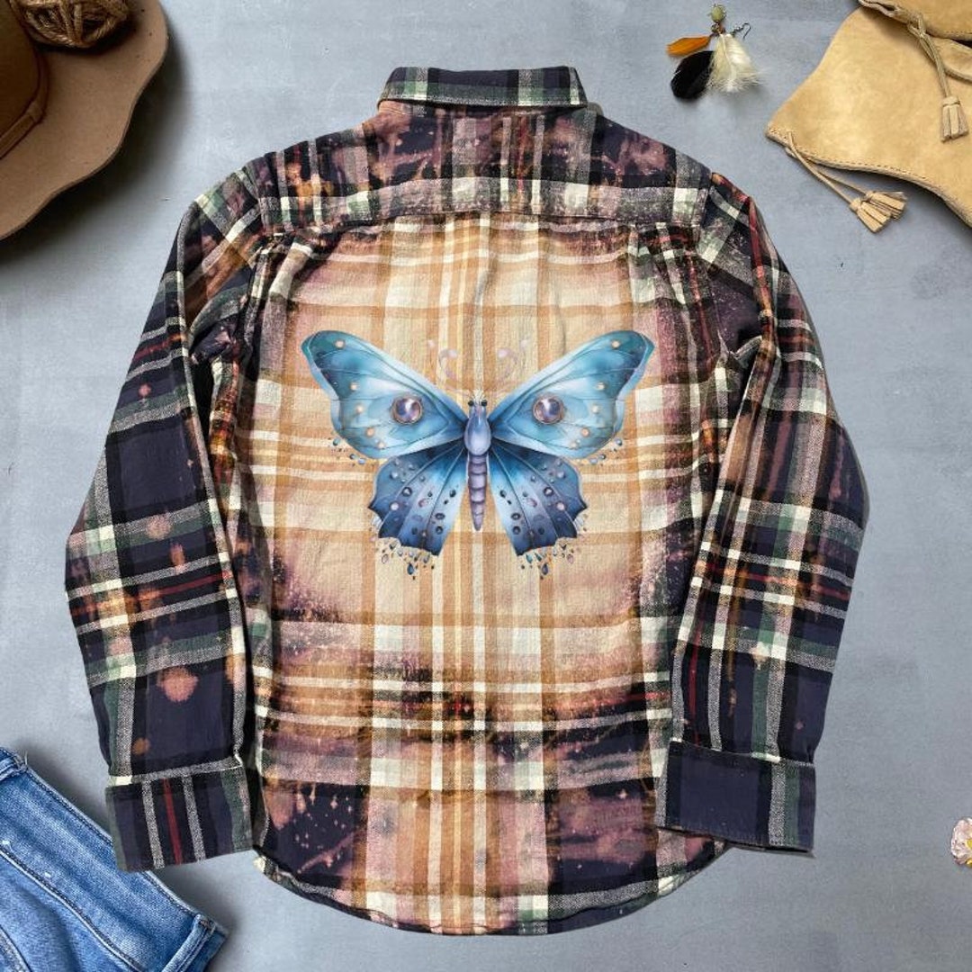 Blue Butterfly Moth Graphic Shirt, Unique Butterfly Print Flannel Shirt ...