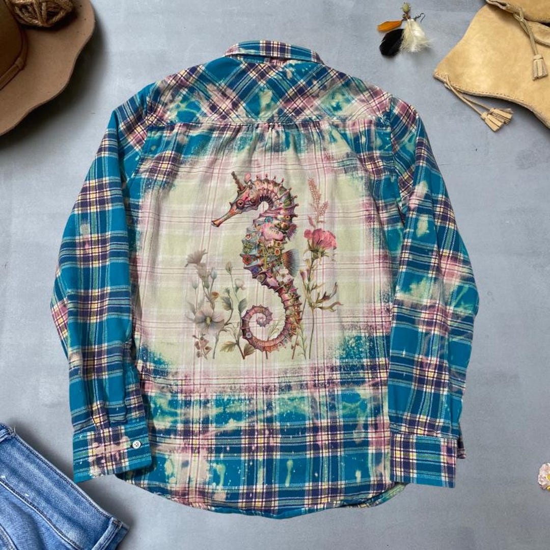 Seahorse Graphic Flannel Shirt Ocean Themed Upcycled Flannel Bleached ...