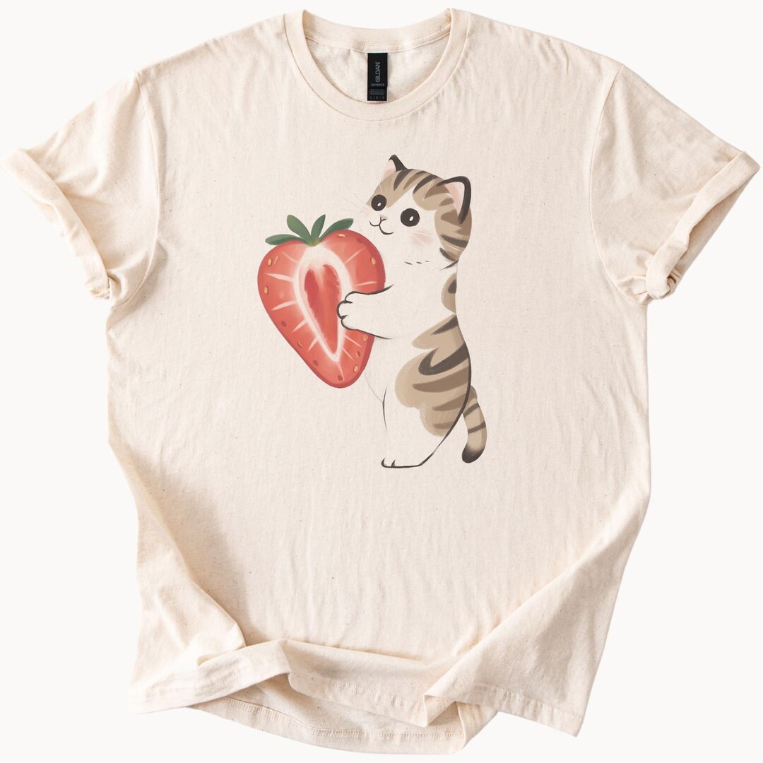 Cute Tabby Cat Holding Strawberry Cartoon Animal Fruit Lover Graphic ...