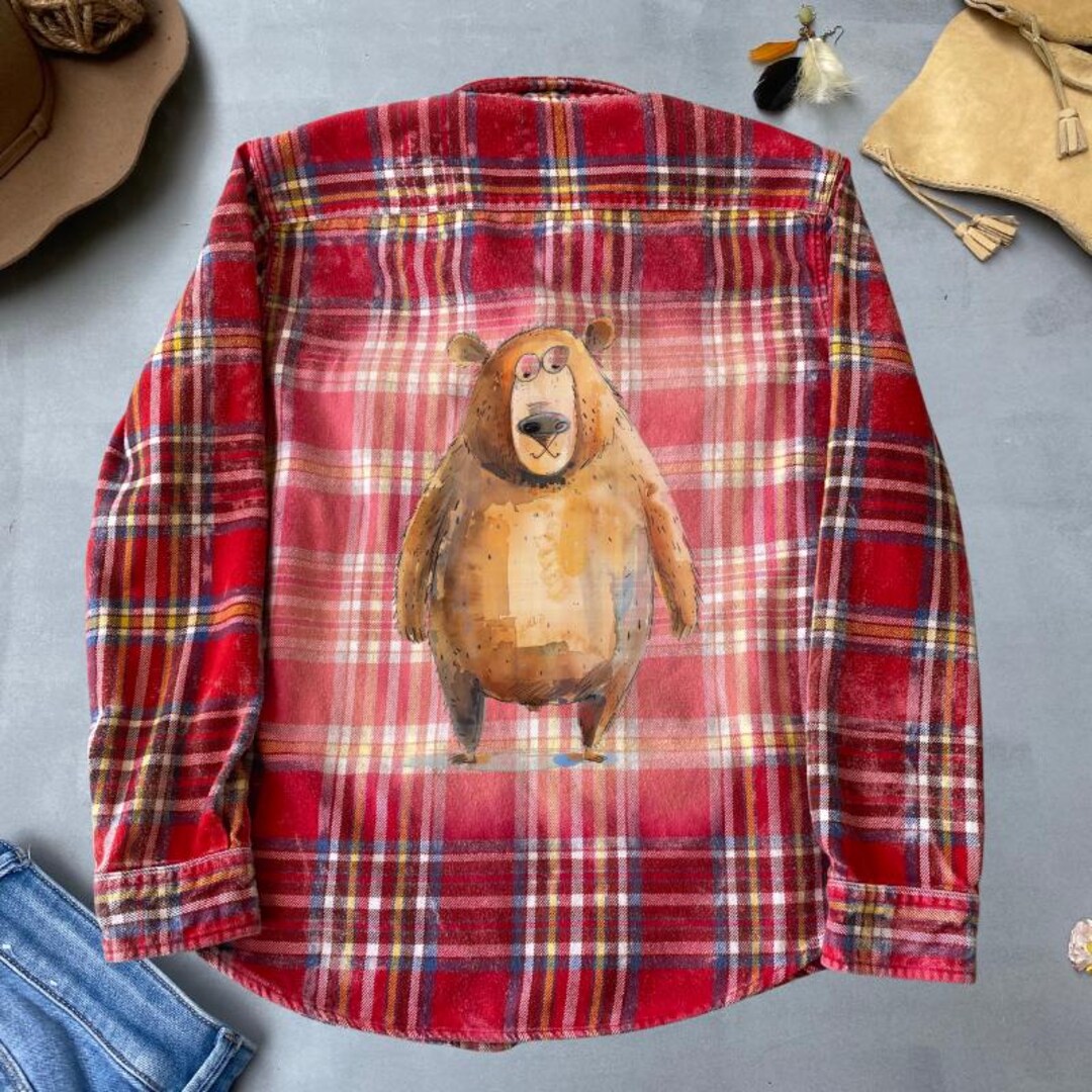 Cute Bear Graphic Flannel Shirt, Bleached Flannel Shirt, Bear ...