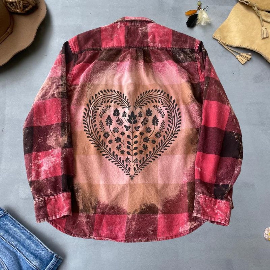 Heart Folk Art Bleached Flannel Shirt Rustic Boho Floral Graphic Plaid ...
