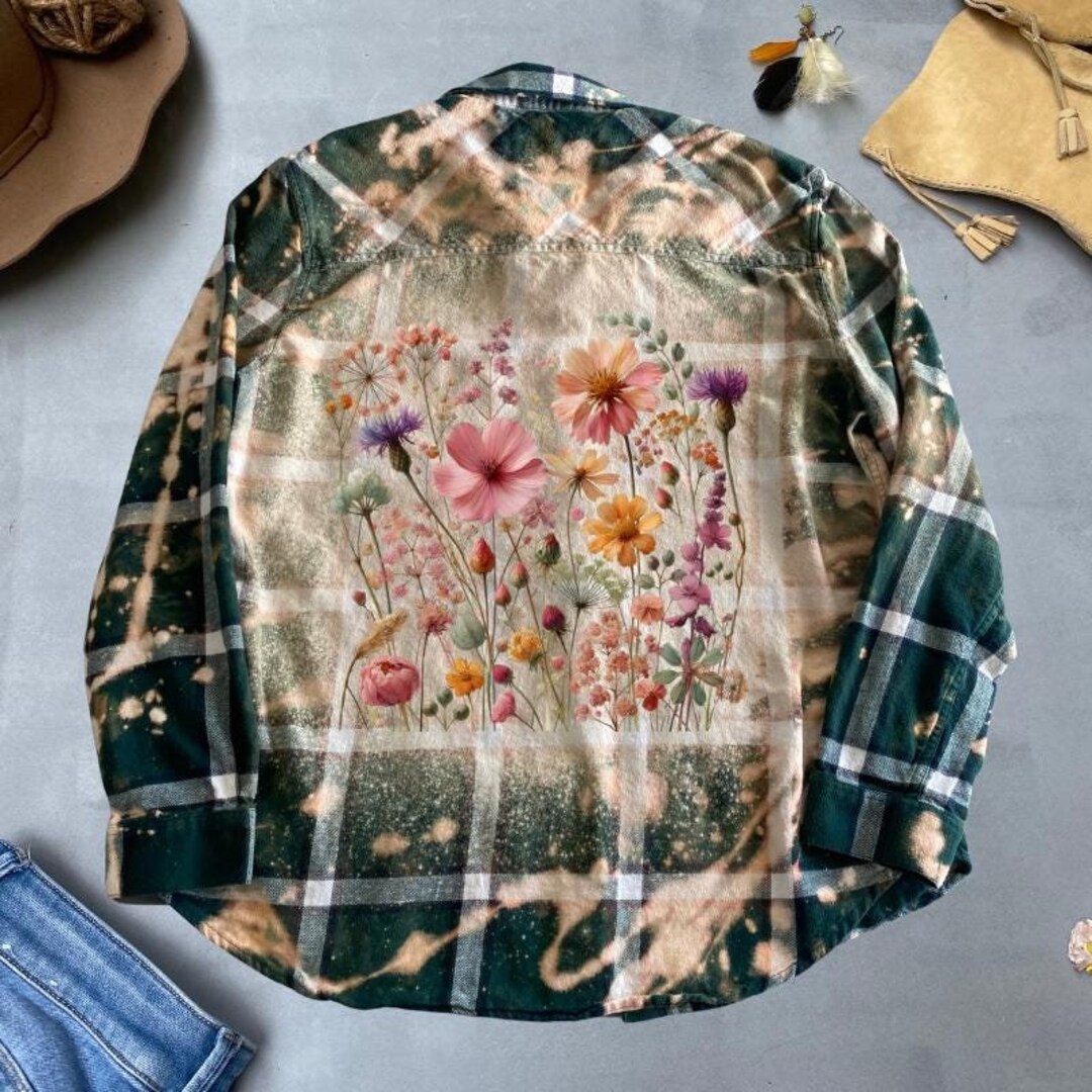 Floral Graphic Flannel Shirt, Retro Floral Shirt, Graphic Bleach ...