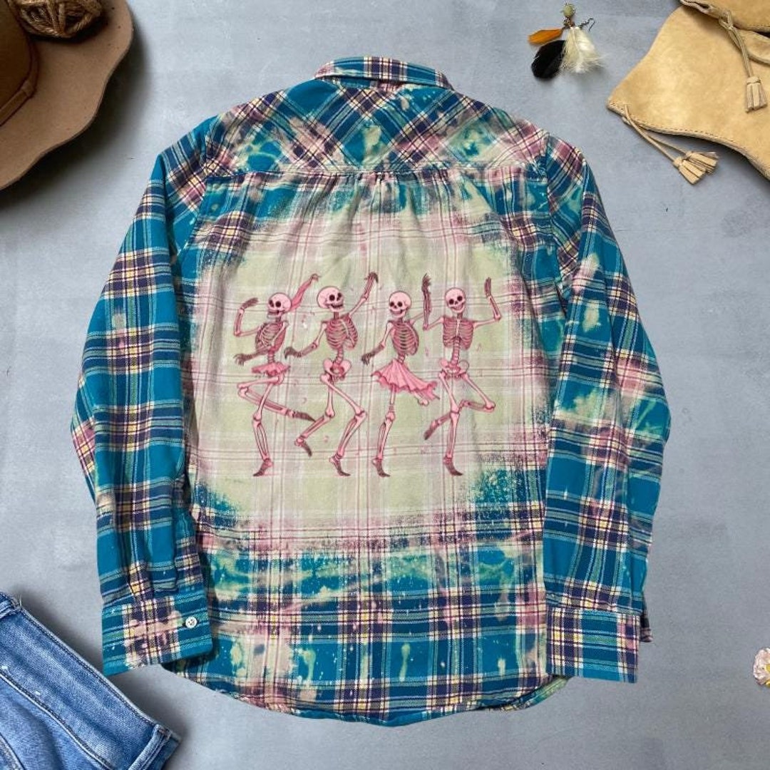 Bleached Flannel Dancing Skeletons Shirt, Plaid Halloween Flannel Shirt ...