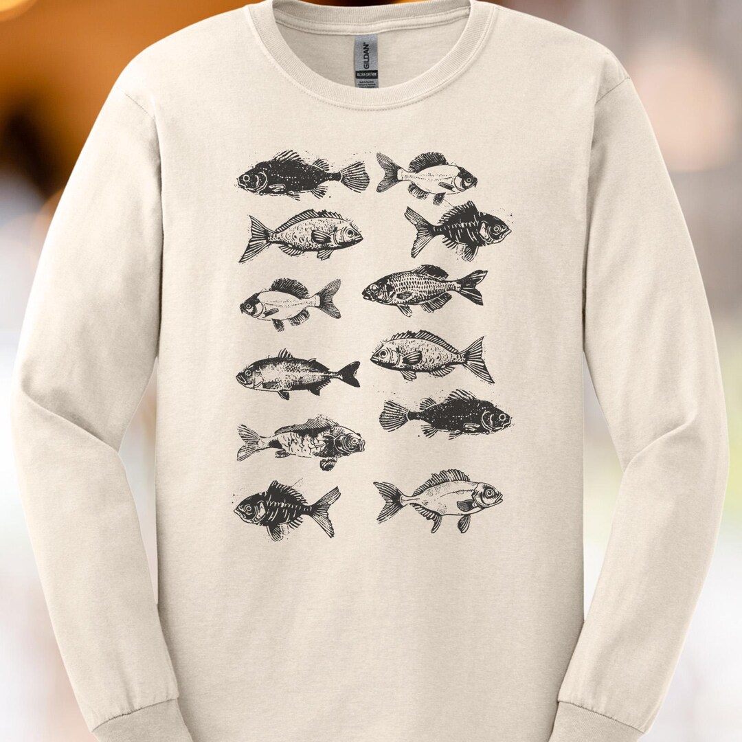 Unique Hand Drawn Freshwater Fish Illustration Long Sleeve Shirt Black ...