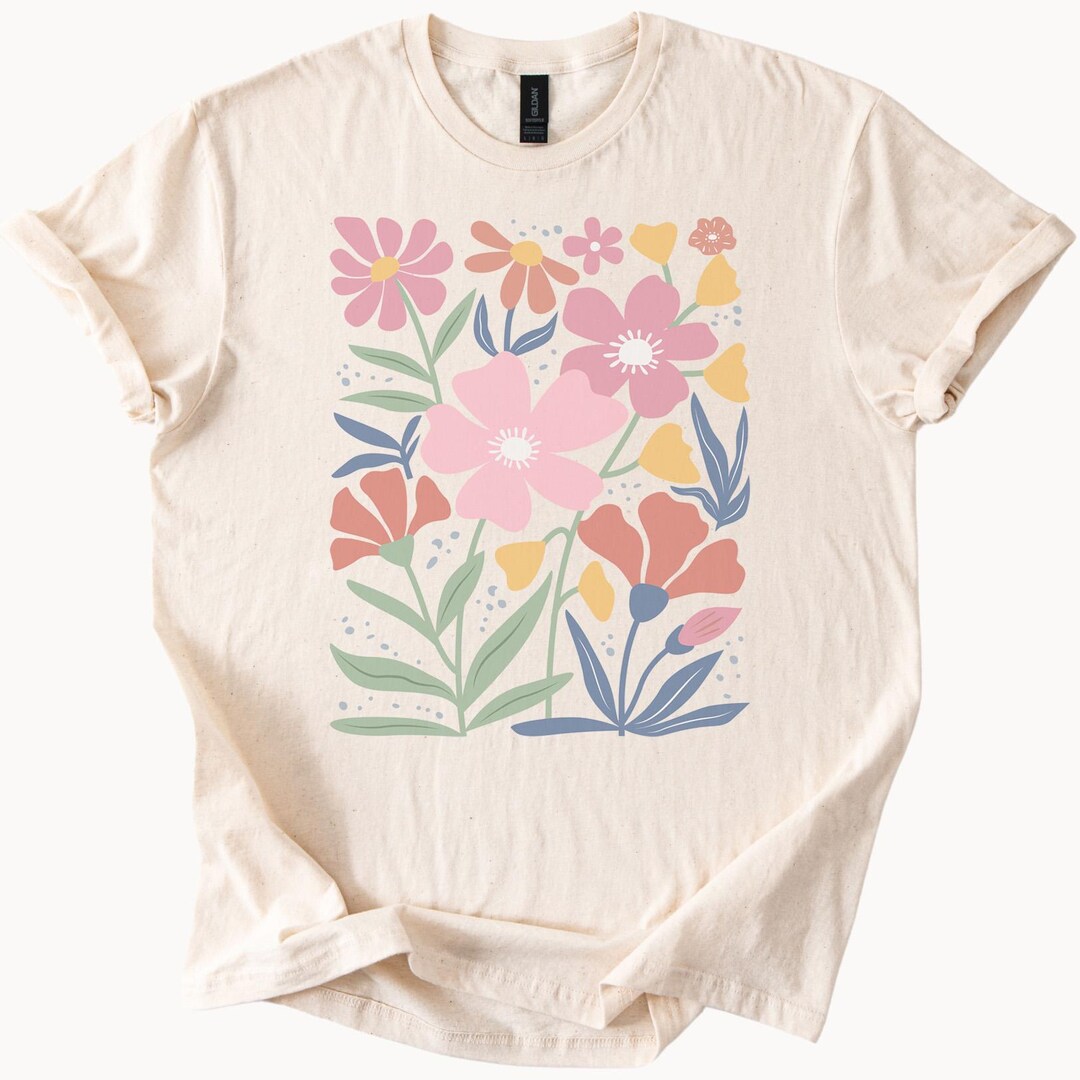 Retro Pastel Wildflower Graphic Tee Soft Floral Print Shirt Natural ...