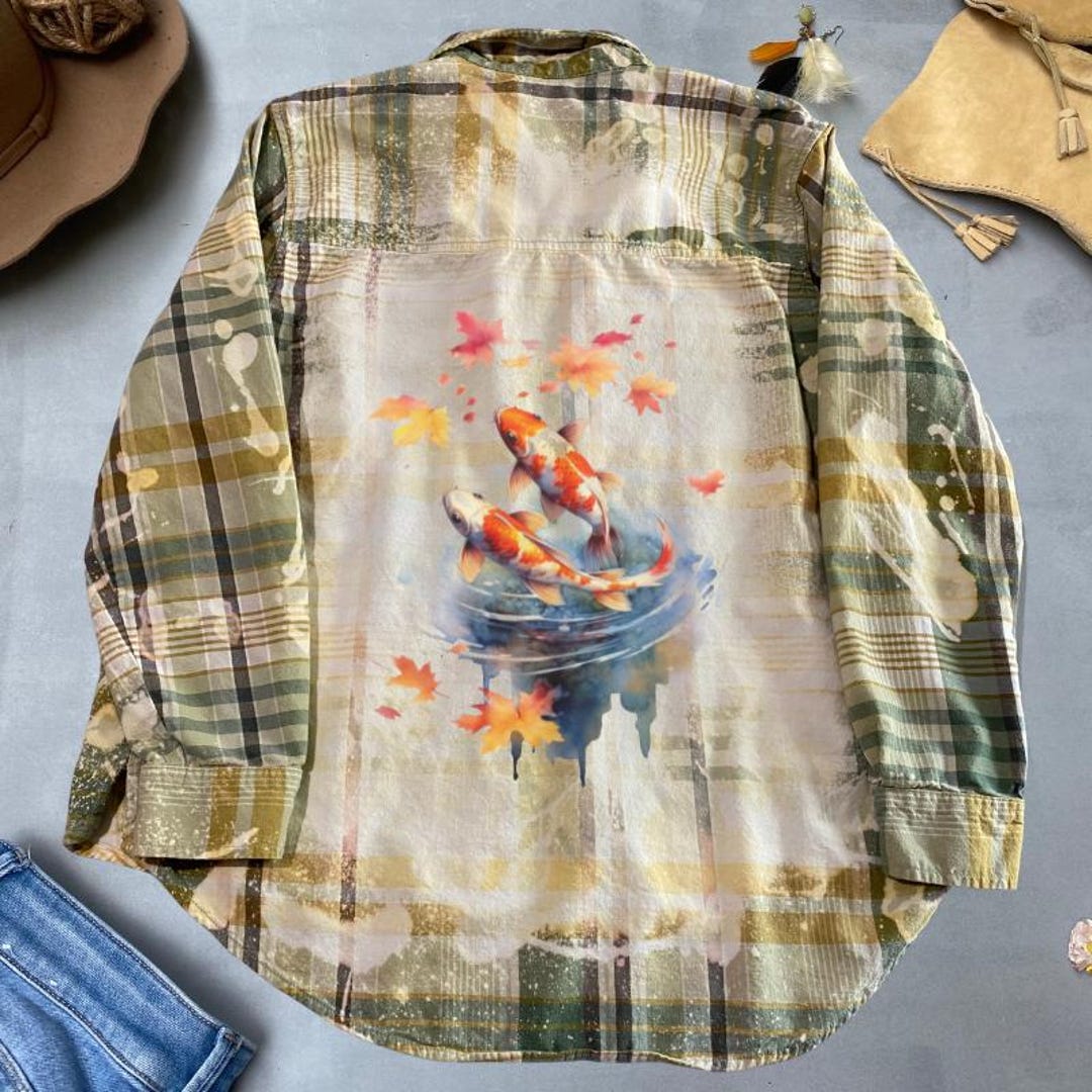 Koi Fish Bleached Flannel Shirt Autumn Leaves Watercolor Pond Nature ...
