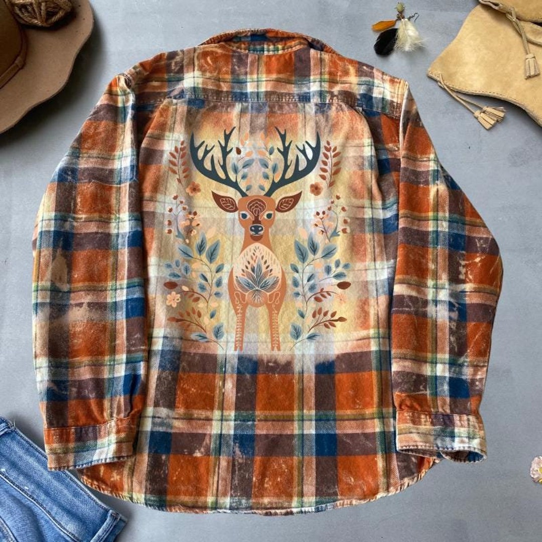 Rustic Deer Bleached Flannel Shirt Folk Art Woodland Graphic Plaid Top ...