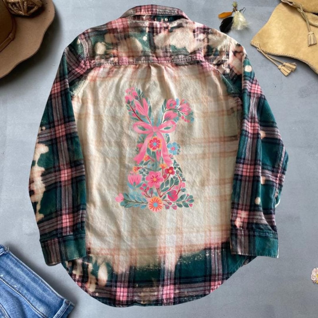 Floral Bunny Graphic Upcycled Flannel Shirt With Feminine Design ...