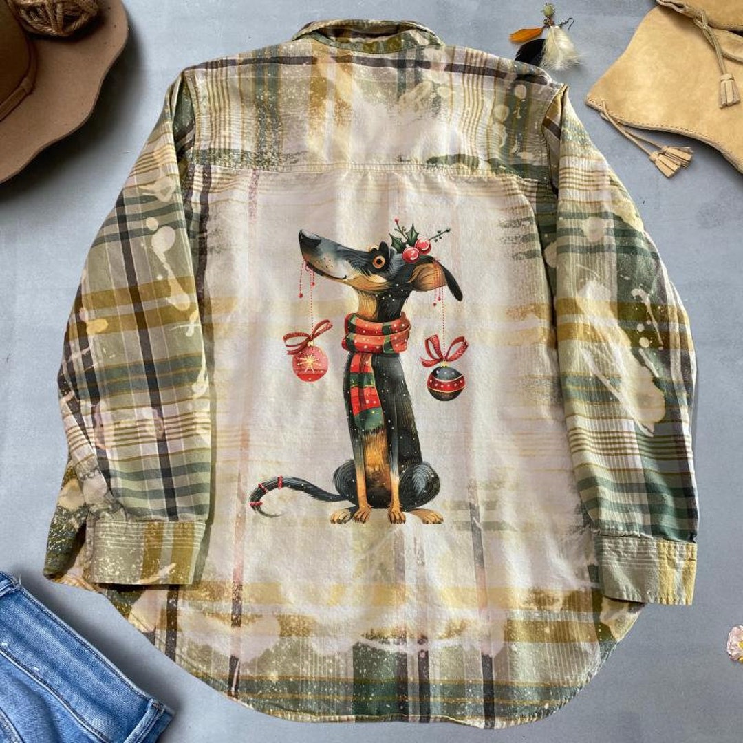 Christmas Dog Shirt, Holiday Flannel Plaid Shirt, Cute Festive Dog ...