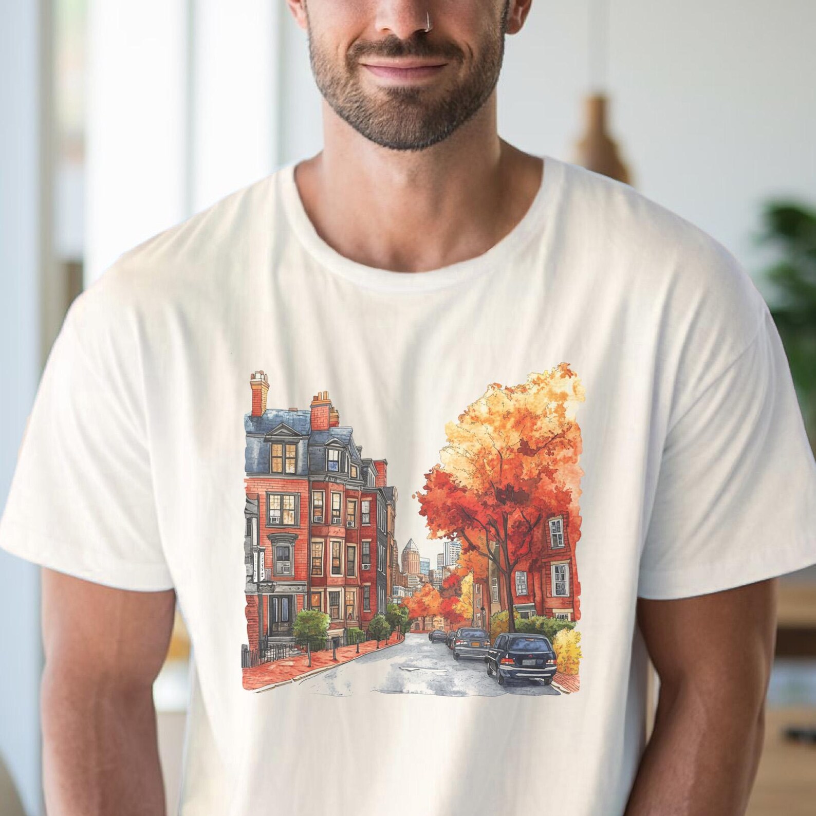 Fall City Street Scene Graphic Tee Autumn Urban Townhouses and Colorful ...
