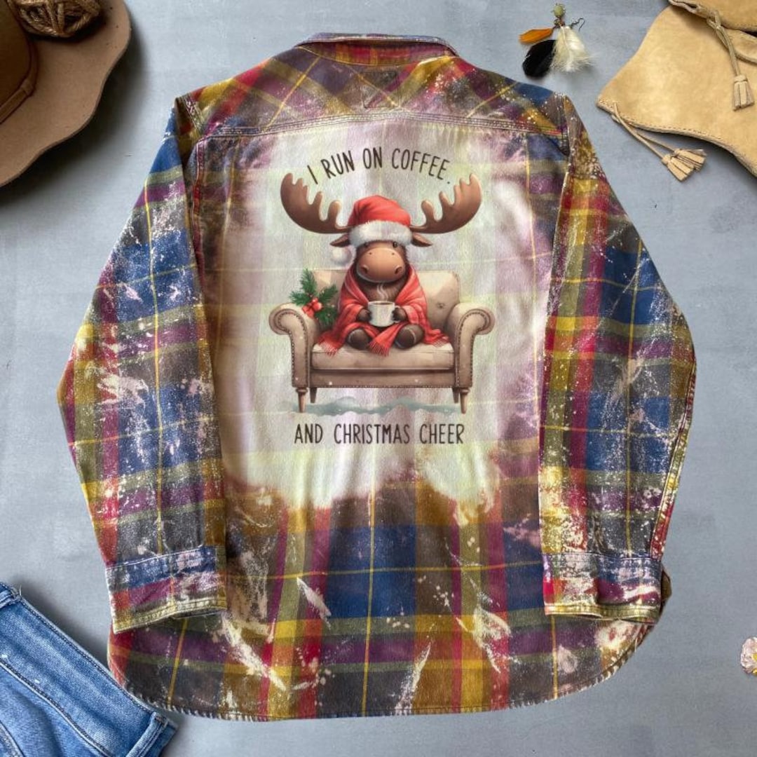 Funny Christmas Flannel Shirt Moose Coffee Lover Holiday Spirit Santa ...