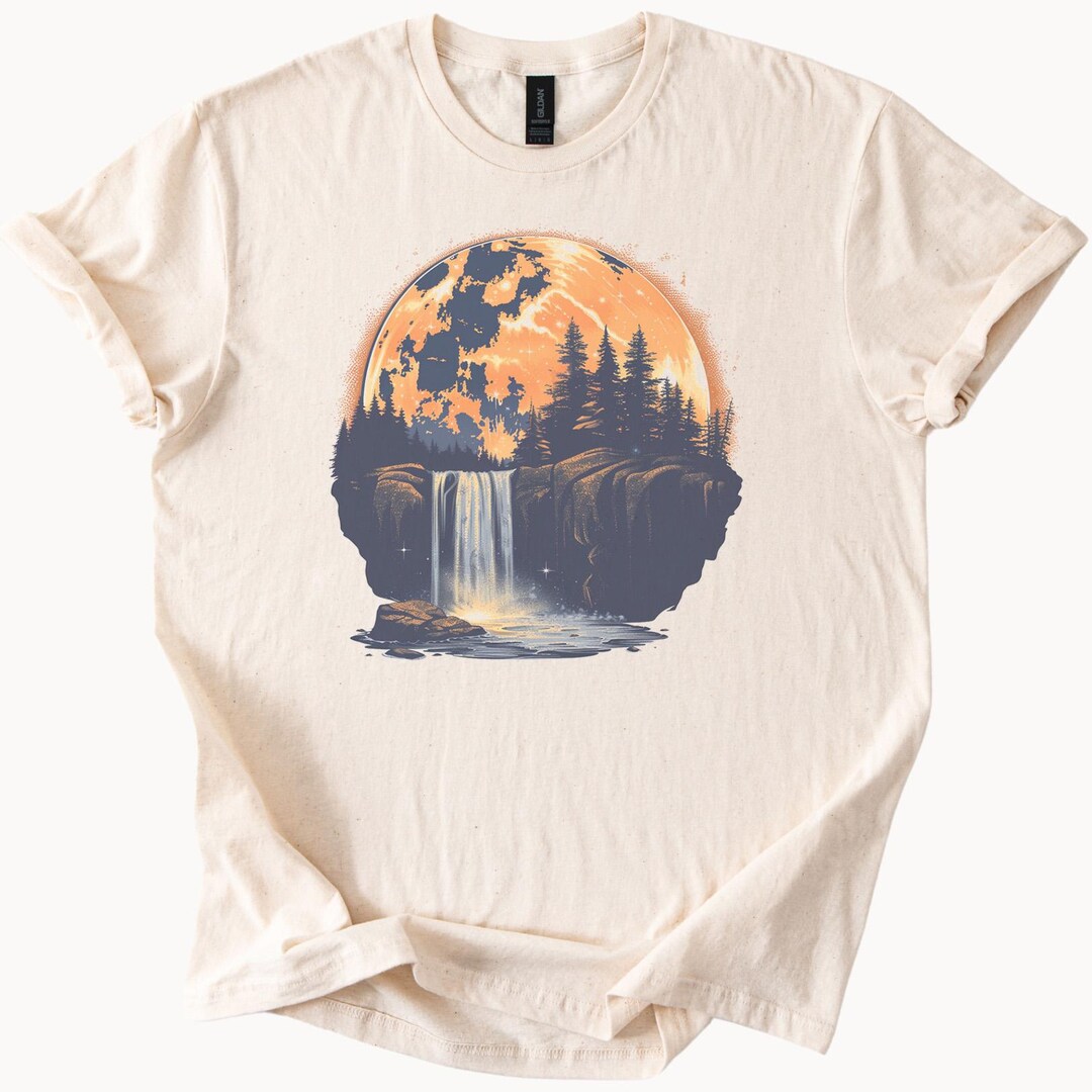 Moonlit Waterfall Tshirt Celestial Landscape Tee Nature Graphic Top - Etsy