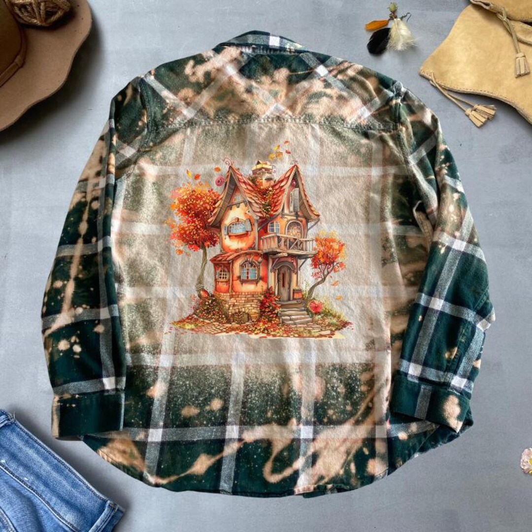 Cottagecore Flannel Shirt, Hand Bleach Flannel, Cozy Cottage Graphic ...