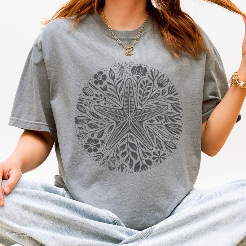 Starfish Botanical T-shirt, Beach Bloom Linocut Design Unisex Comfort ...