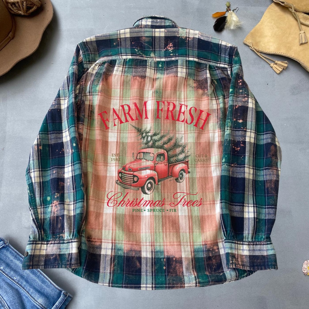 Farm Fresh Christmas Tree Flannel Shirt Cozy Holiday Top With Vintage ...