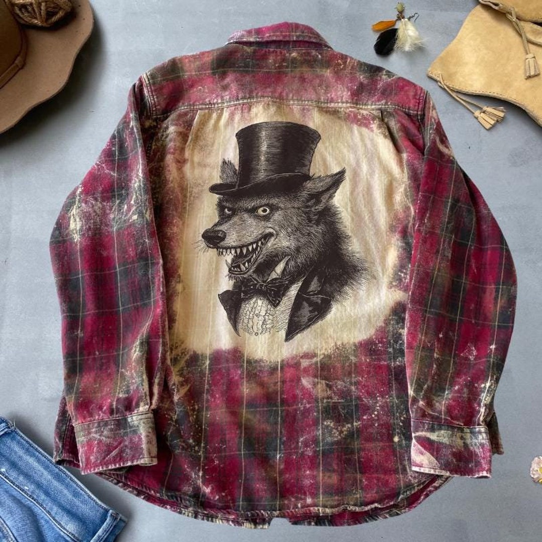 Werewolf Top Hat Graphic Flannel Shirt Upcycled Rustic Western Shirt ...