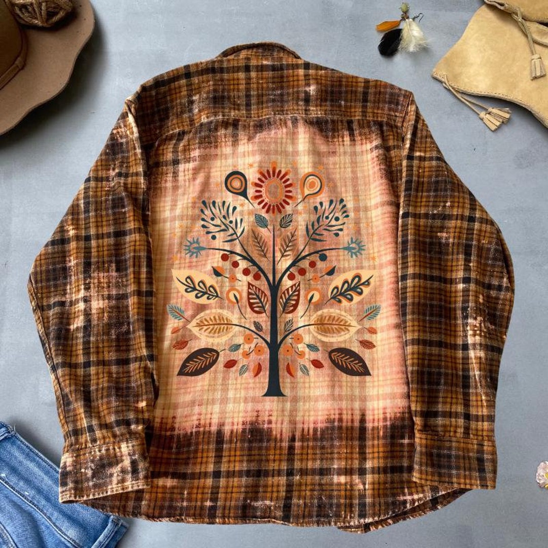 Boho Folk Art Tree Flannel Shirt Bleached Plaid Top With Rustic Fall ...