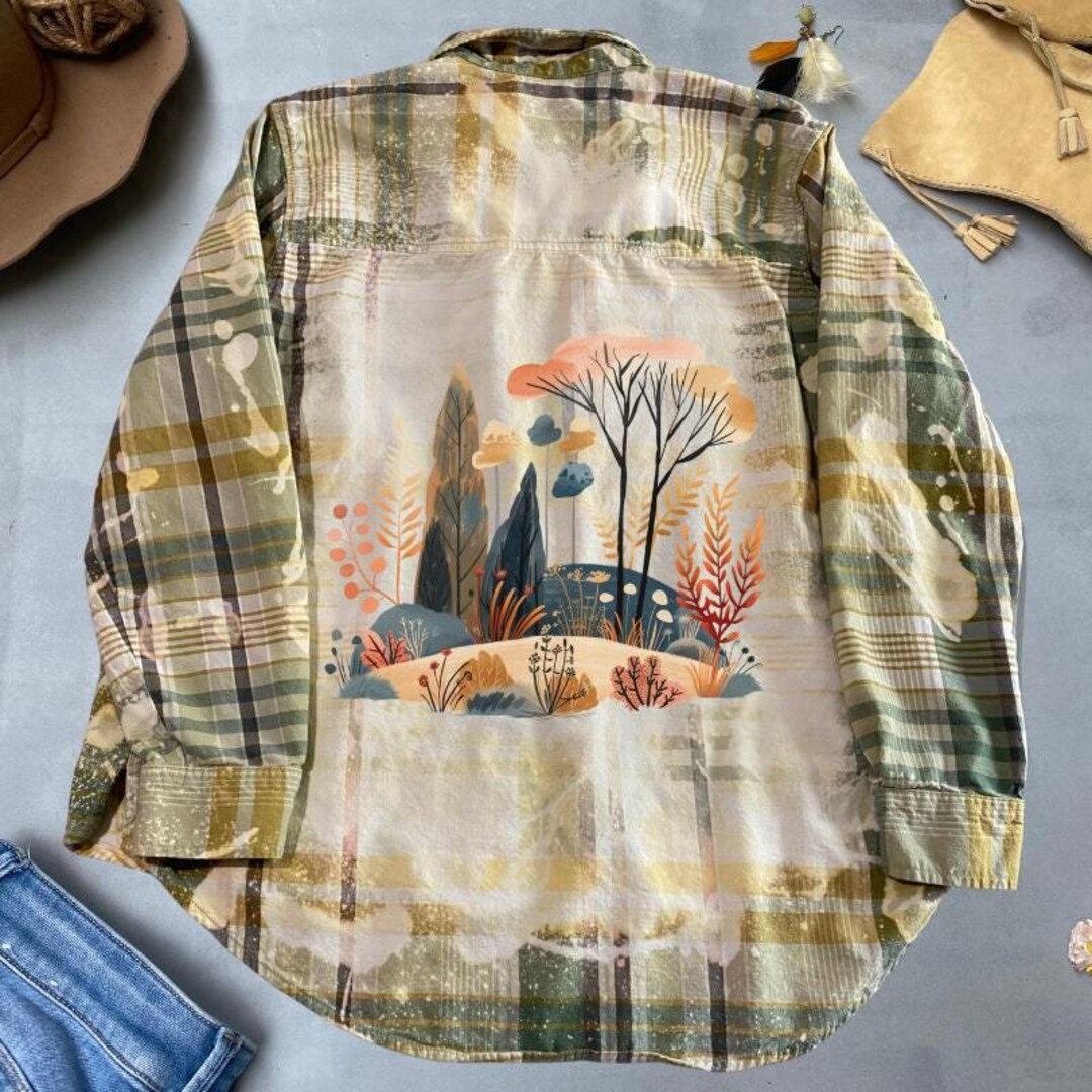 Woodland Landscape Bleached Flannel Shirt Rustic Nature Scene Graphic ...
