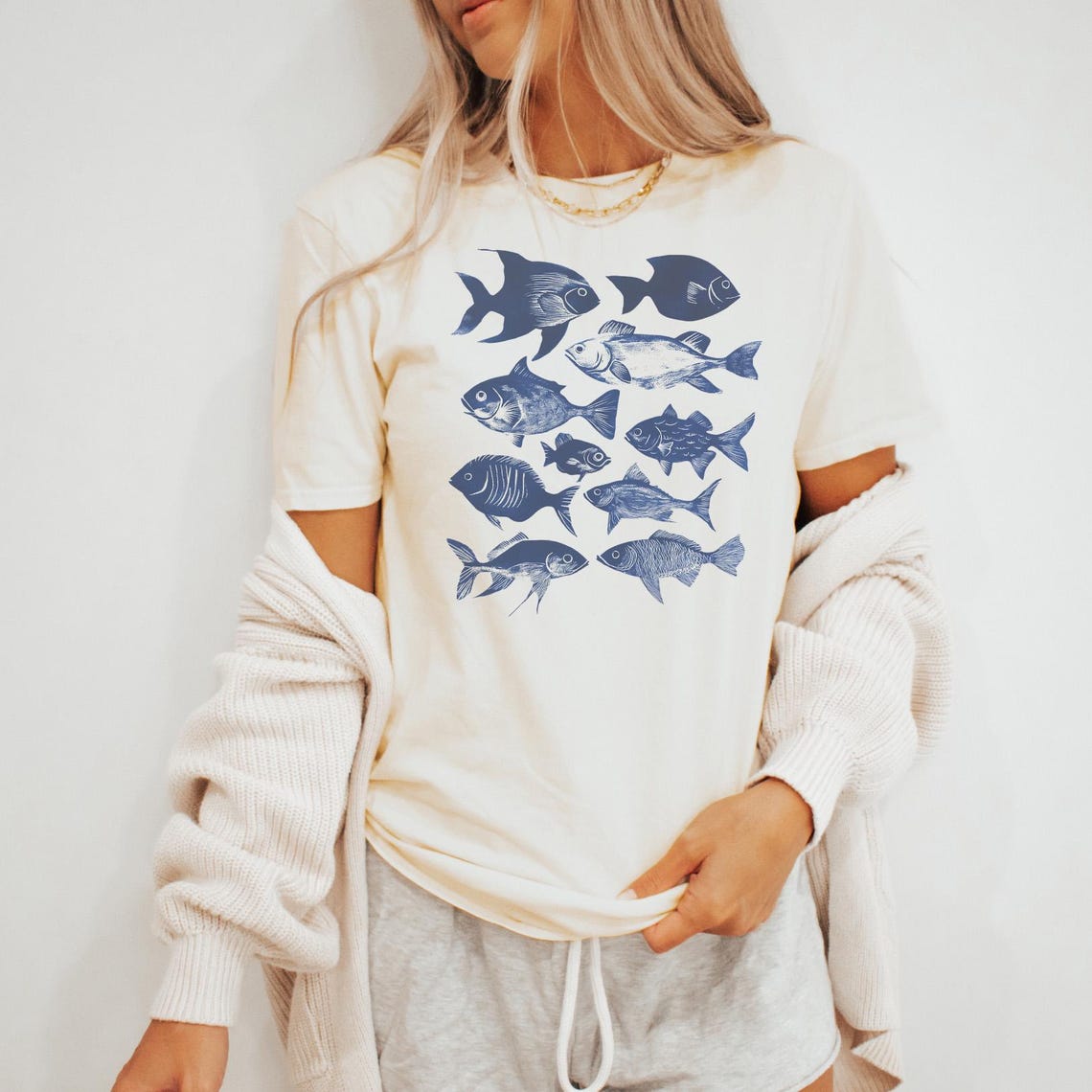 Fish Shirt Unisex Collage Graphic Tshirt Natural Beige Color Cotton ...