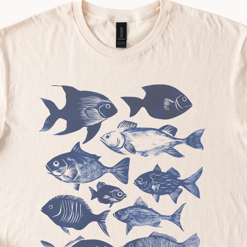 Fish Shirt Unisex Collage Graphic Tshirt Natural Beige Color Cotton ...