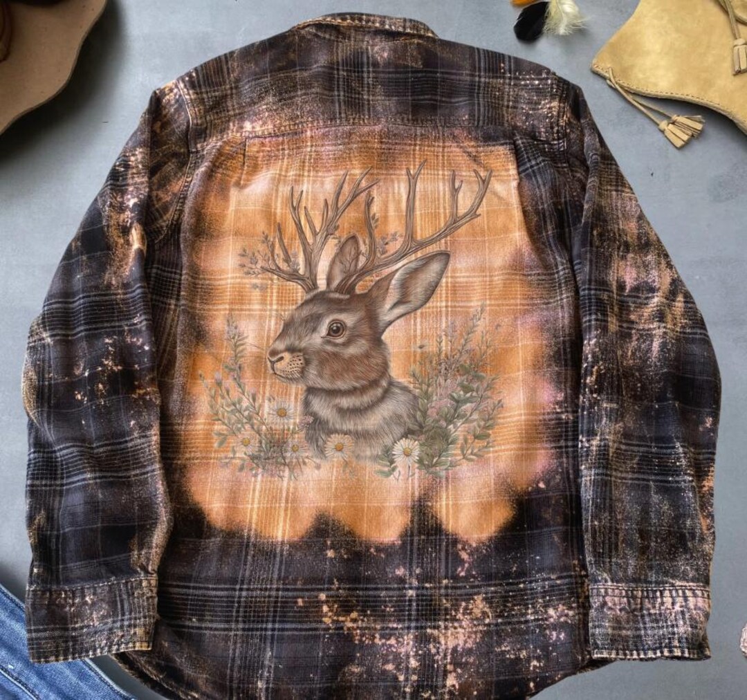 Cute Jackalope in the Wild Flowers Graphic Bleached Flannel Shirt ...