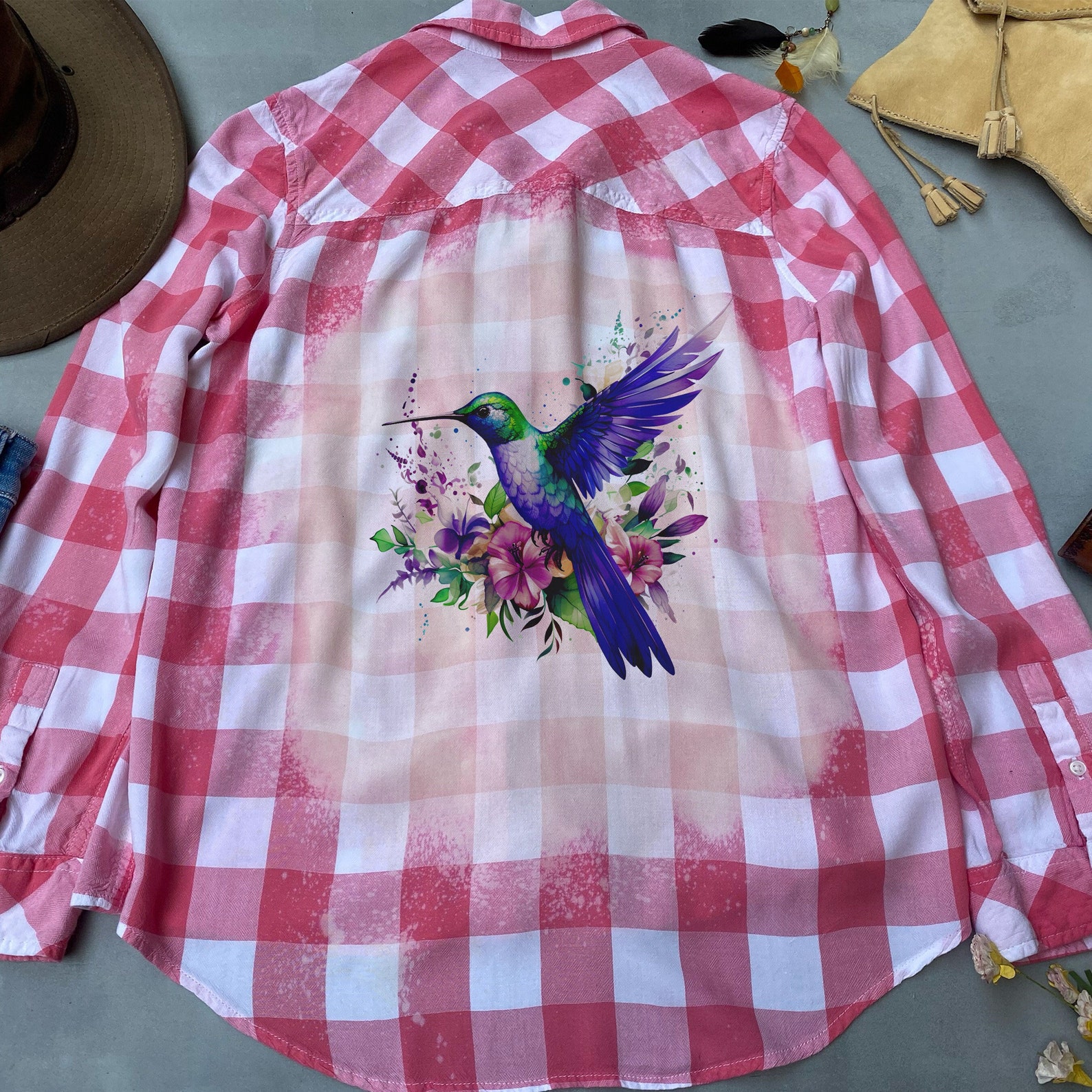 Hummingbird Bleached Flannel Shirt Boho Style Upcycled Back Graphic ...