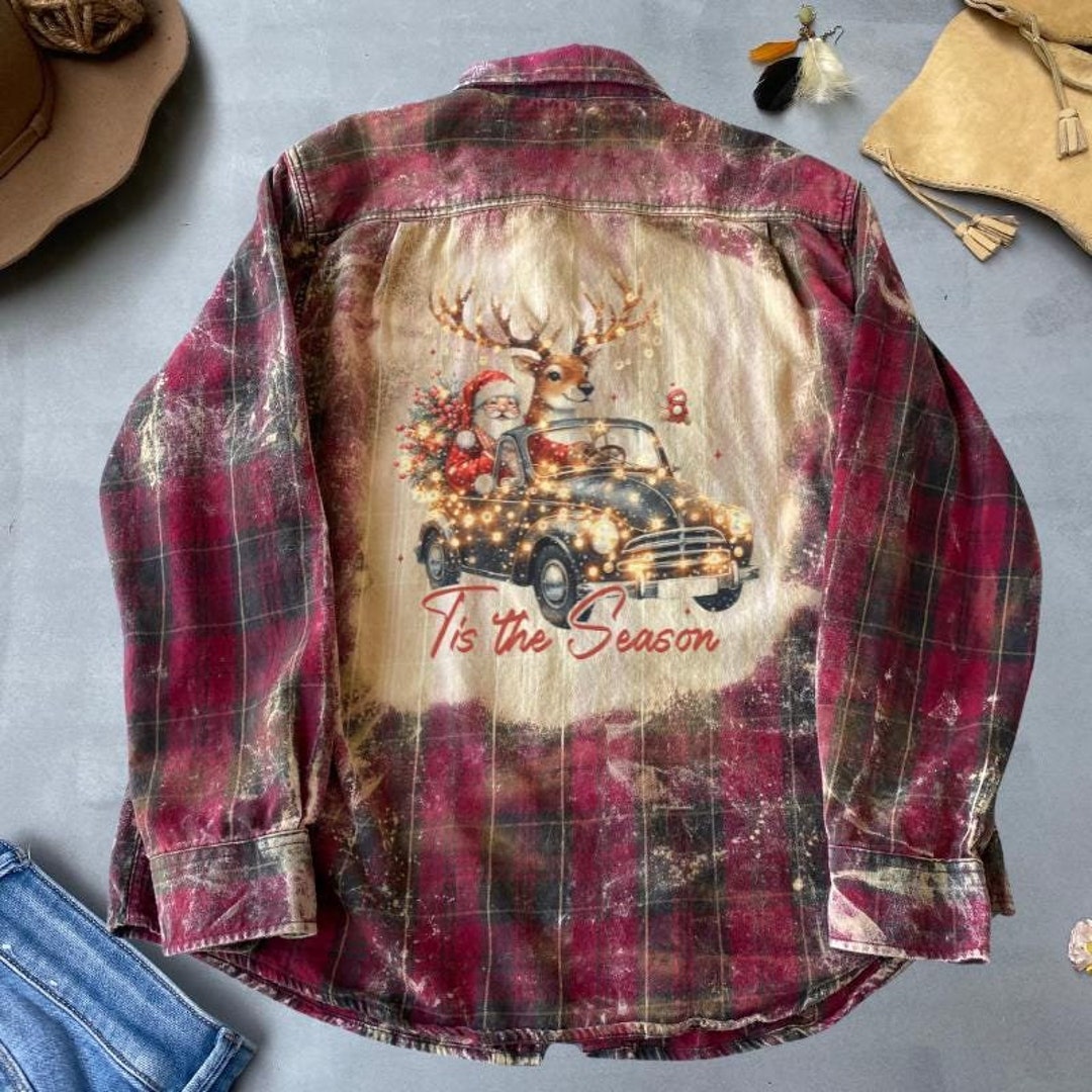 Tis the Season Christmas Shirt Bleached Flannel Shirt Santa and ...