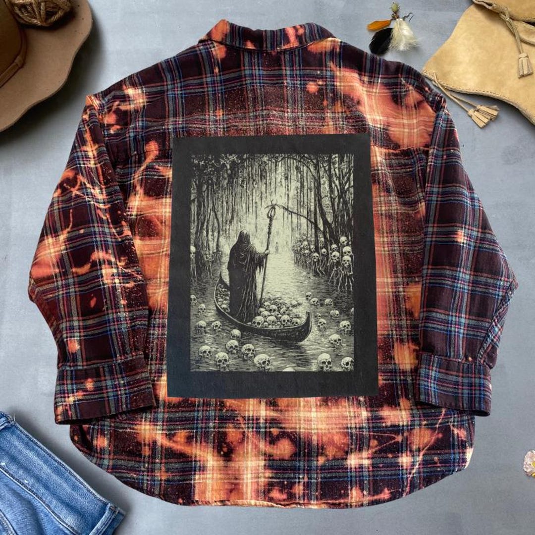 Grim Reaper Gothic Flannel Patch Shirt, Horror Art Shirt, Dark ...