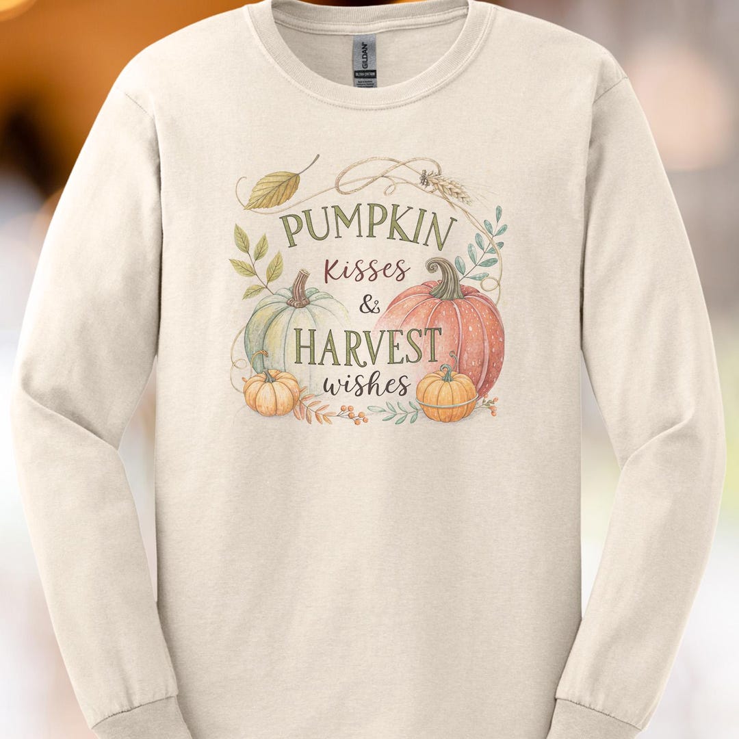 Pumpkin Kisses Harvest Wishes Fall Long Sleeve Shirt Thanksgiving ...