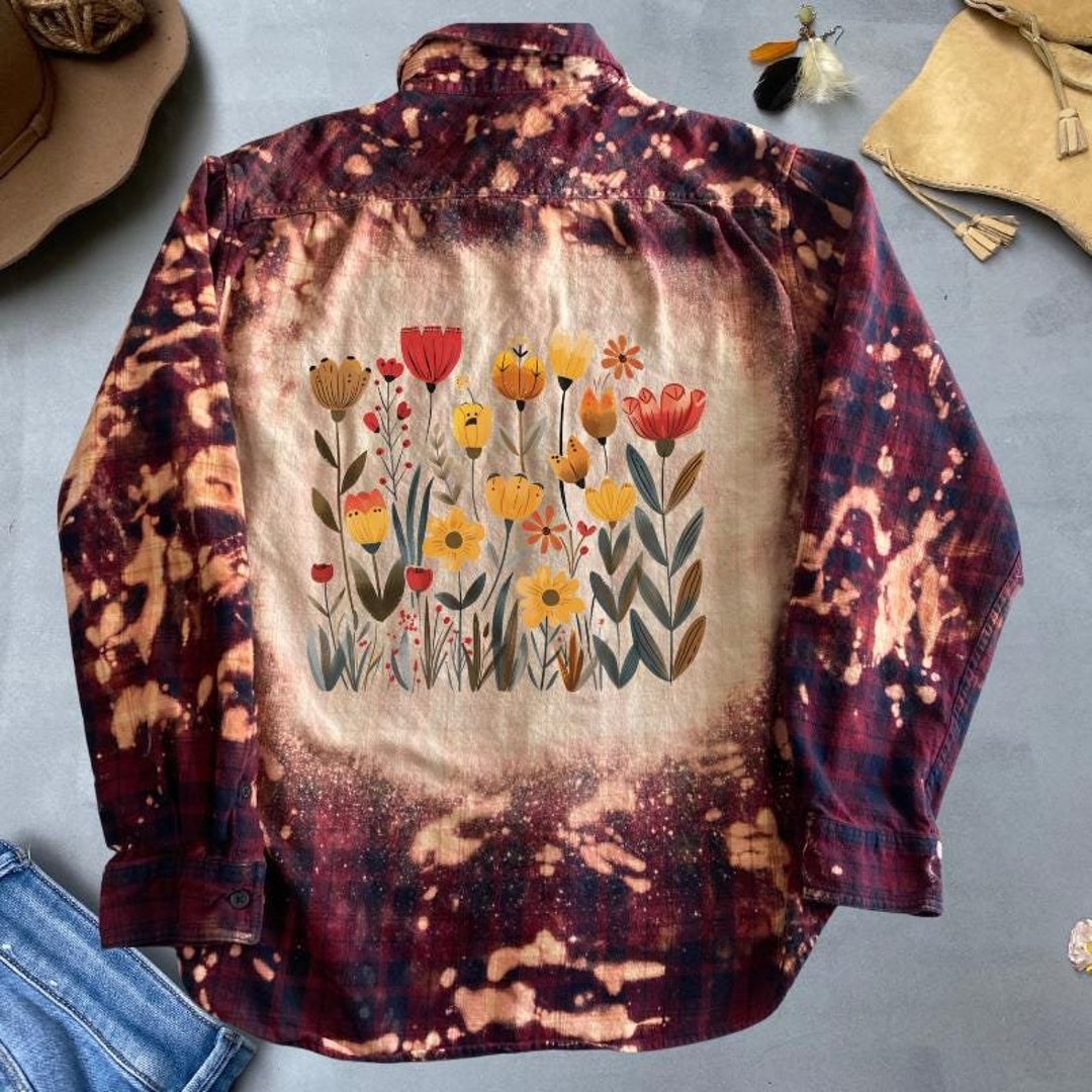 Floral Garden Bleached Flannel Shirt Cozy Botanical Graphic Plaid Top ...