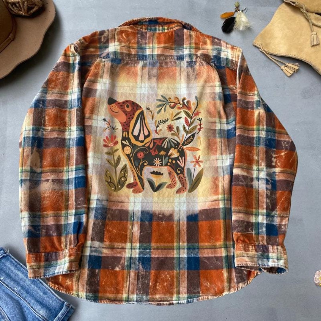 Bleached Flannel Shirt Dog in Nature Graphic Rustic Folk Art Puppy ...