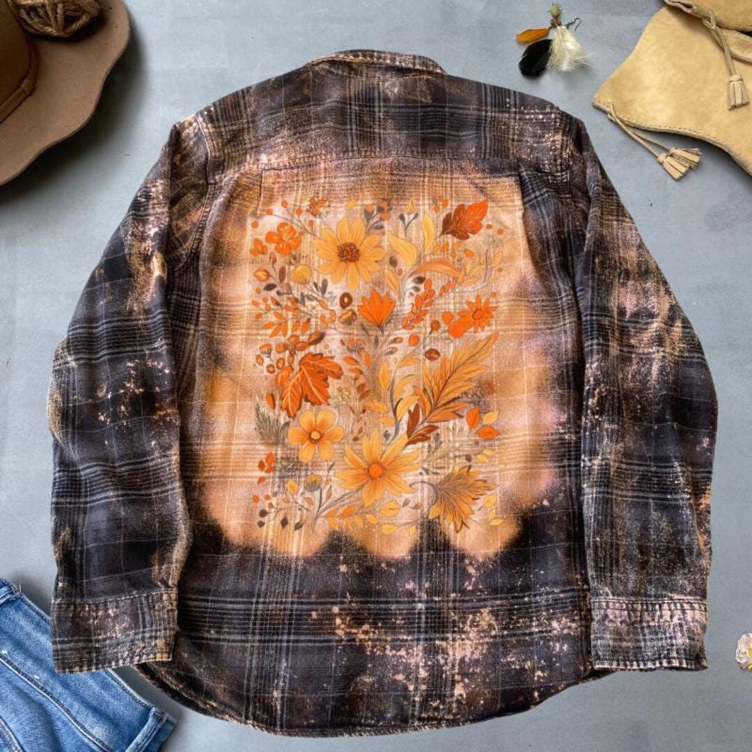Bleached Graphic Flannel Shirt, Fall Leaves Foliage Graphic, Outdoor ...
