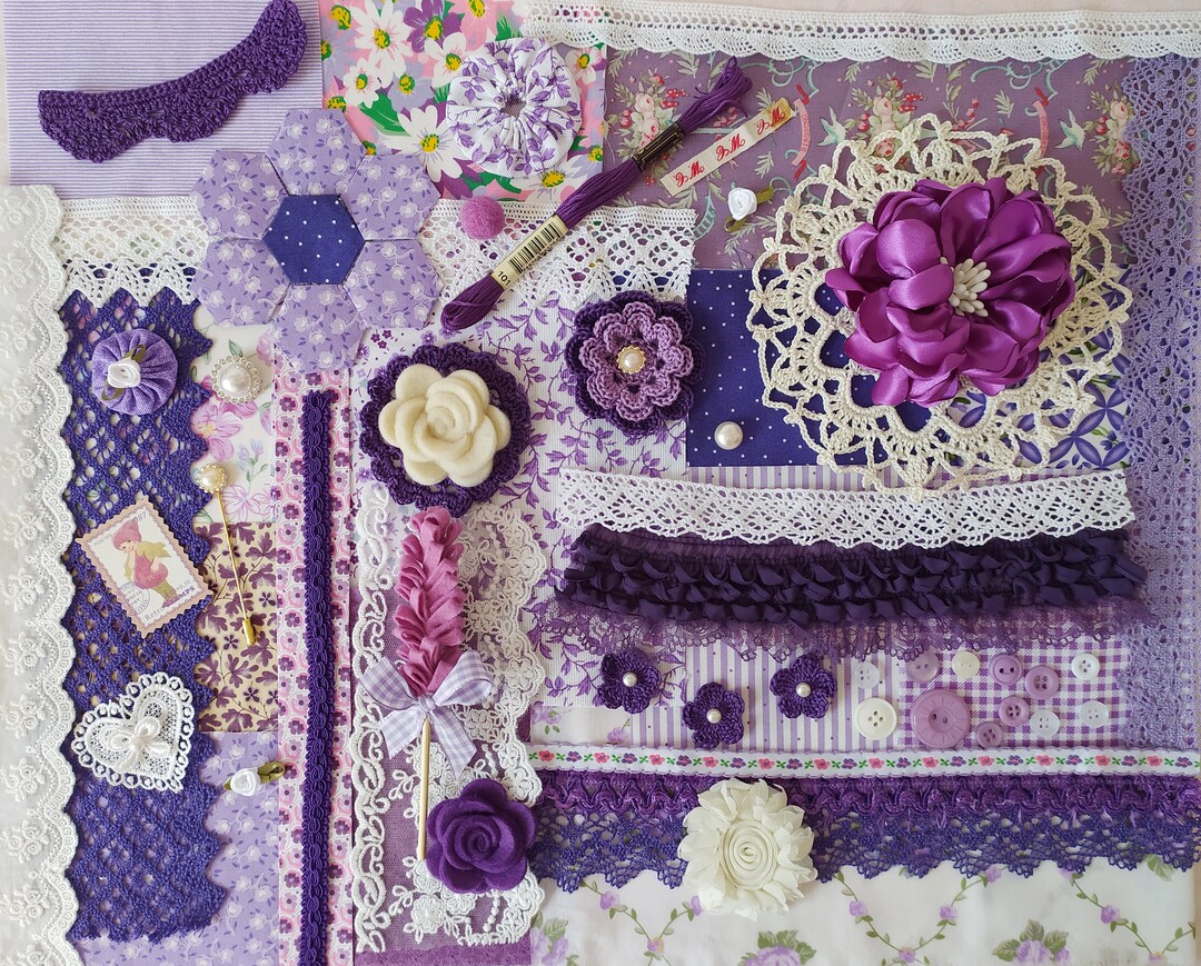 Bundle Slow Stitch Kit in PURPLE, Inspiring Set, Cotton Fabric, Lace ...