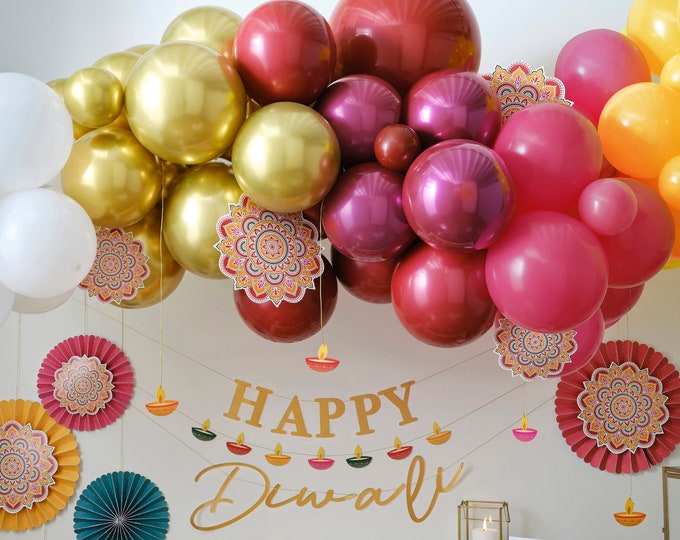 Diwali Balloon Arch Kit With Fans and Tealight Card Decorations, Pink ...