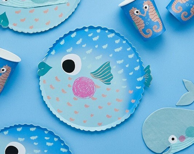 8 Blue Puffer Fish Paper Plate Fish Tableware Under the Sea - Etsy