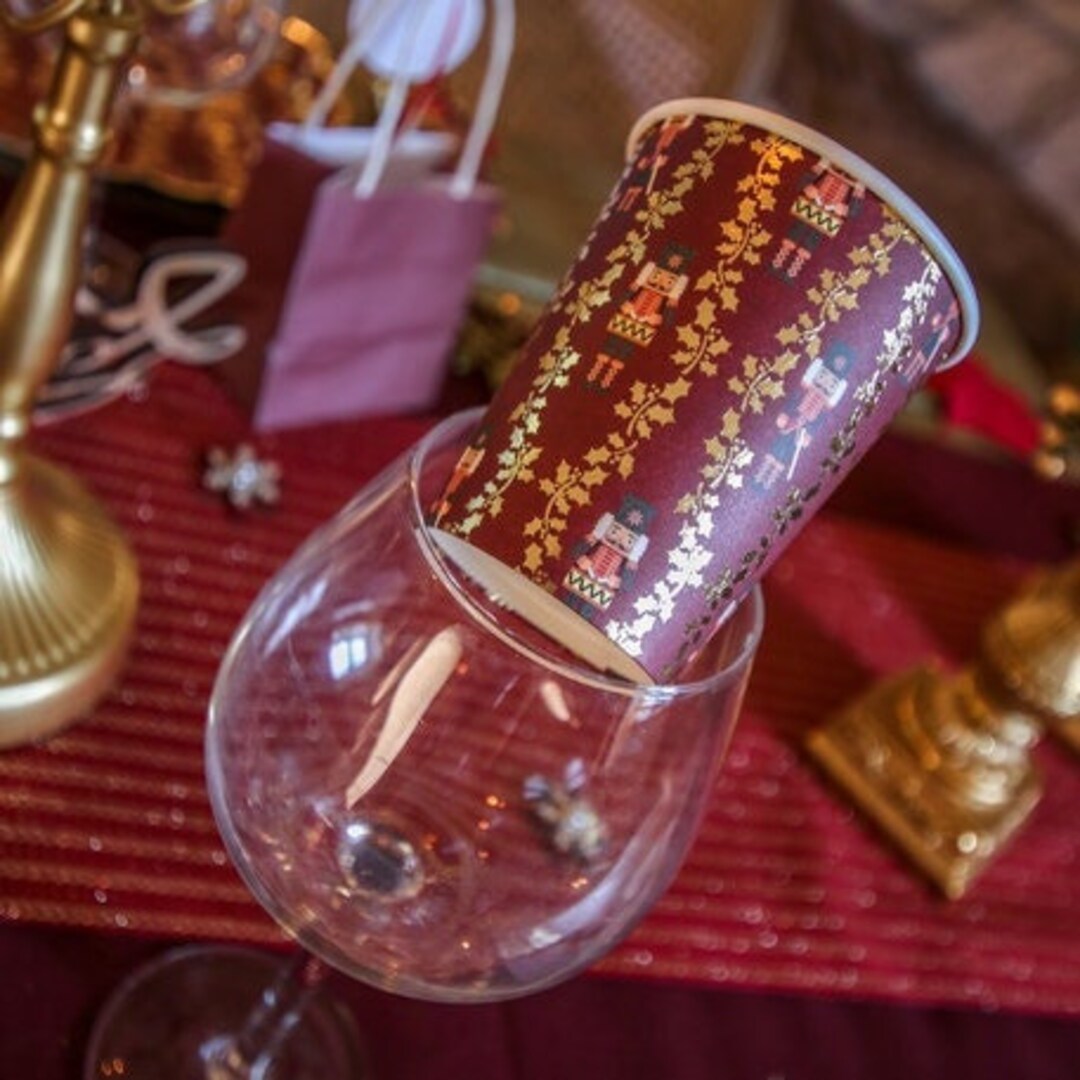 8 Nutcracker Cups, Burgundy Red and Gold Print, Golden Leaves Print ...