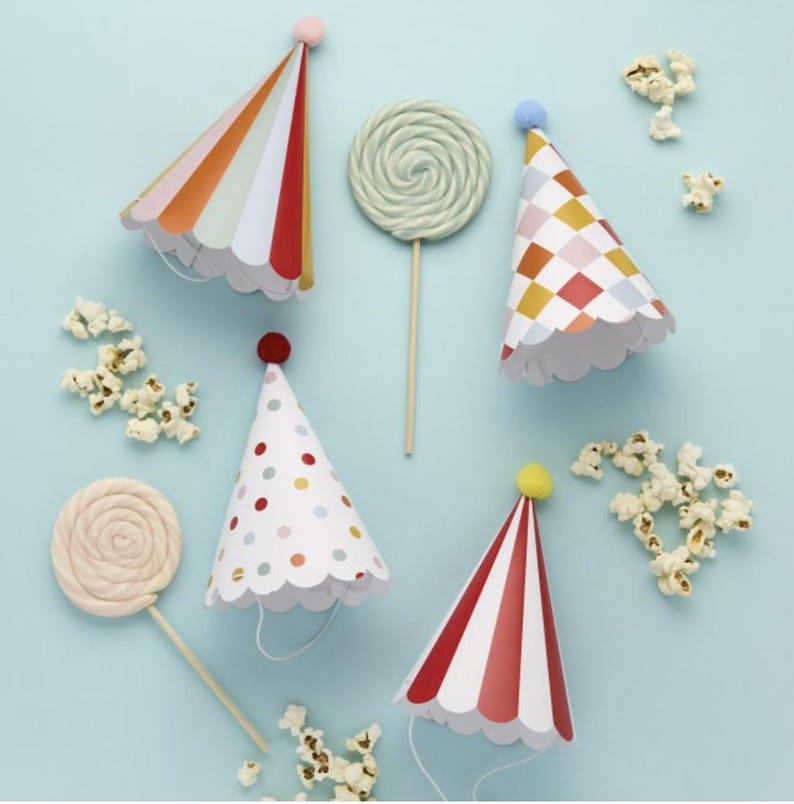8 Circus Party Hats With Pom Poms, Ready Assembled, Circus Party Hats ...