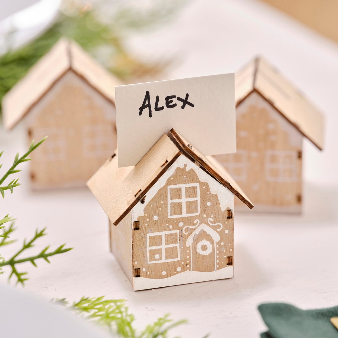 6 Wooden House Place Card Holders, Gingerbread House Christmas Place ...