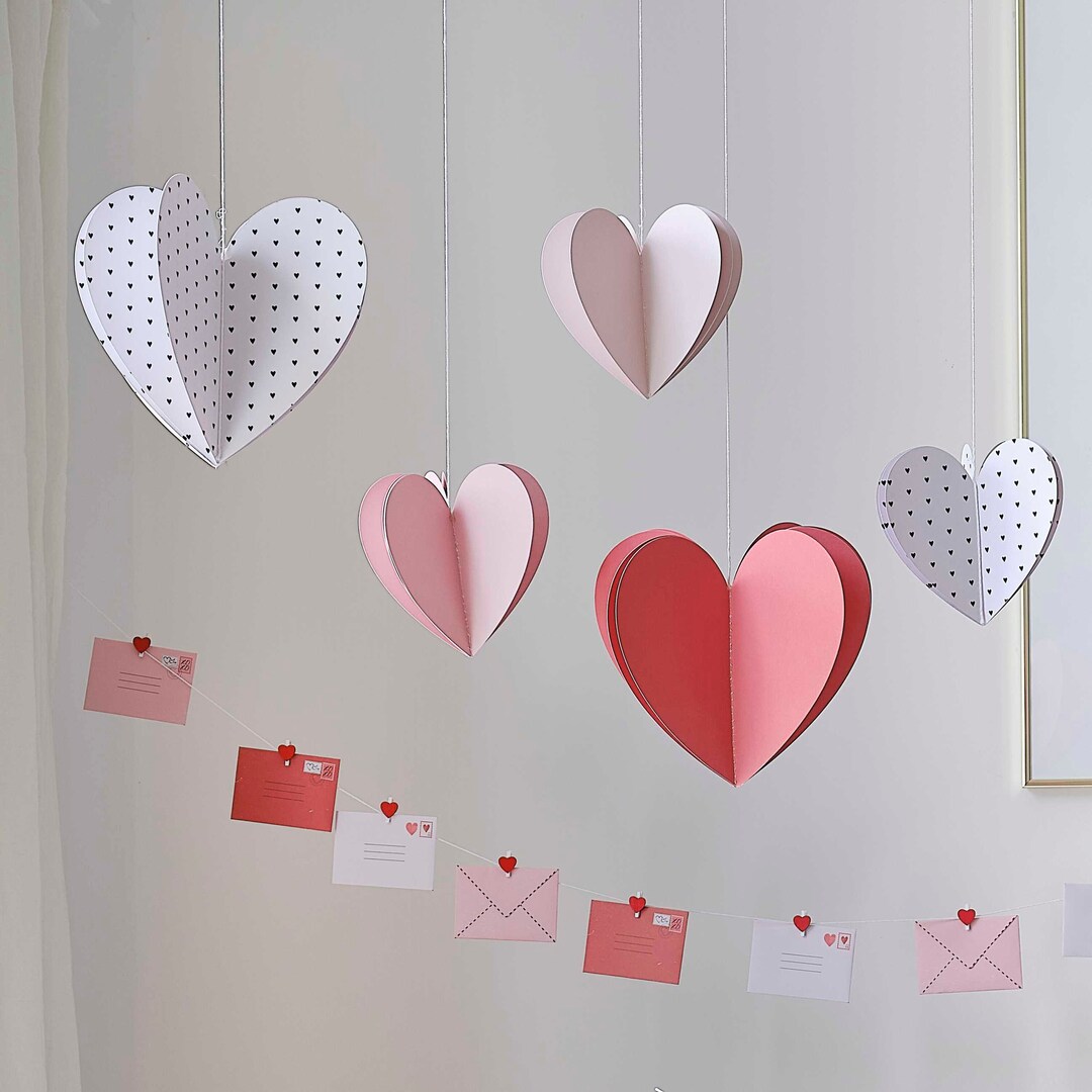 Set of 3D Hanging Heart Decorations, Heart Decorations, Valentine's Day ...