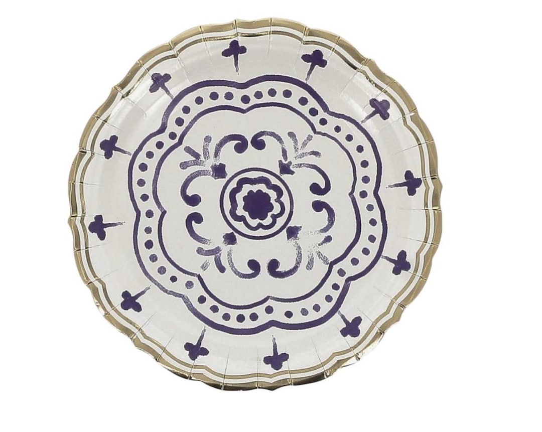 8 Small Blue and White Paper Plates, Royal Blue, White and Gold, Ø18cm ...